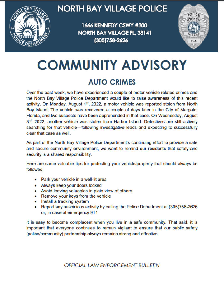 Police Community Advisory – North Bay Village