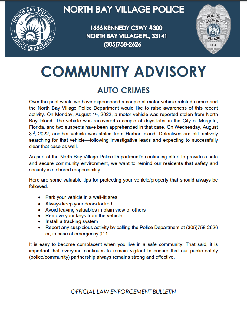 Police Community Advisory – North Bay Village