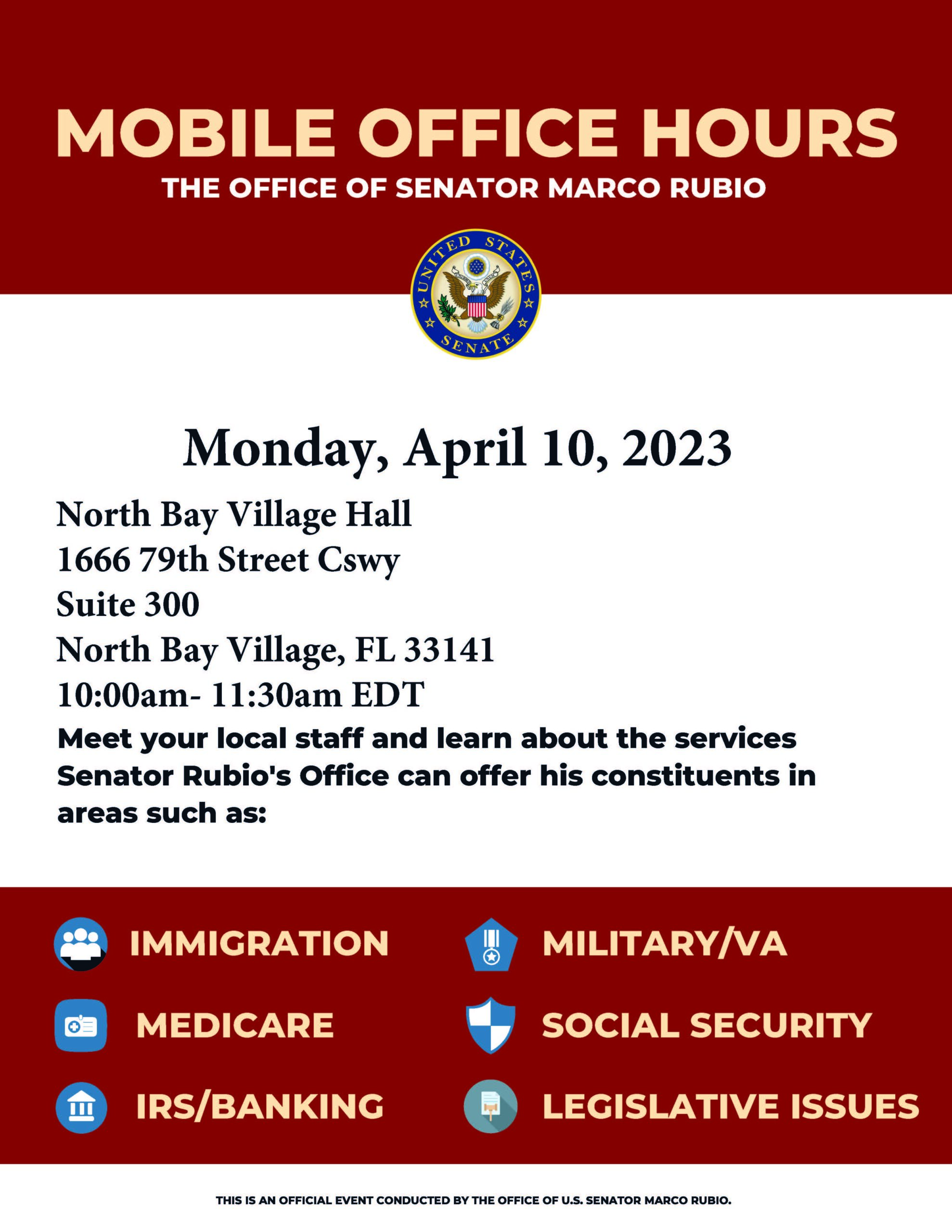 US Senator Marco Rubio’s Office Staff to visit north bay village at ...