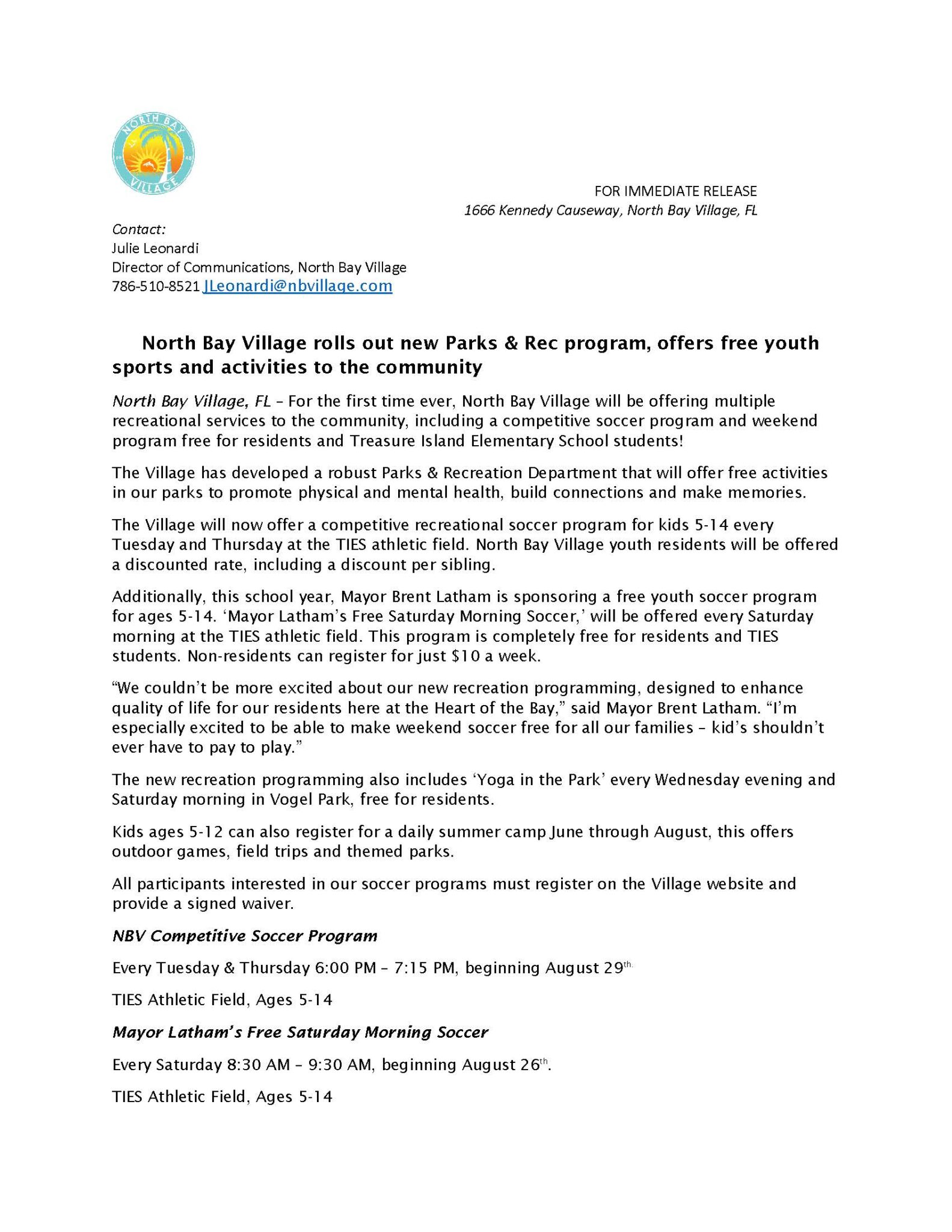 North Bay Village rolls out new Parks & Rec Program – North Bay Village
