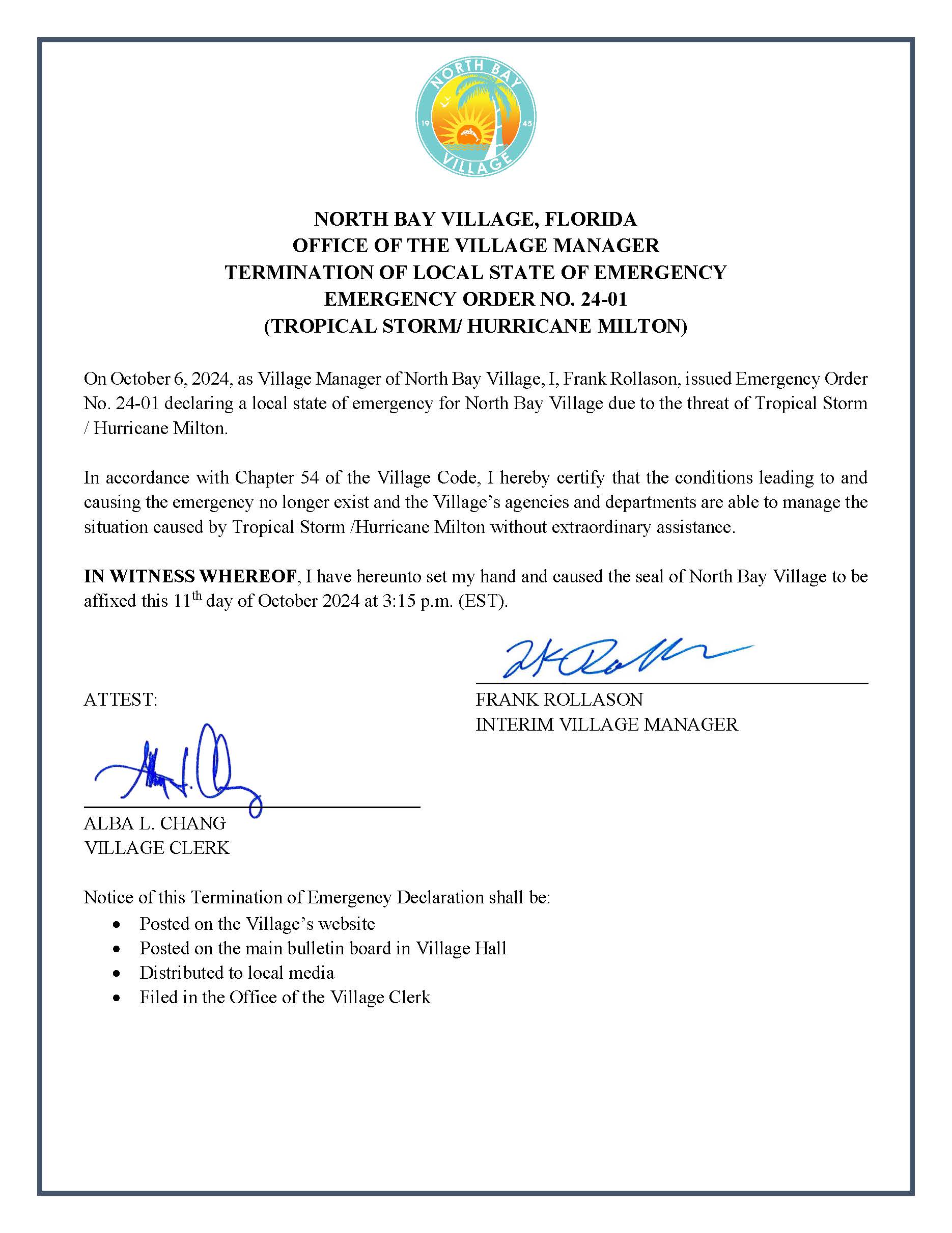 North Bay Village Terminates Hurricane Milton Emergency – North Bay Village