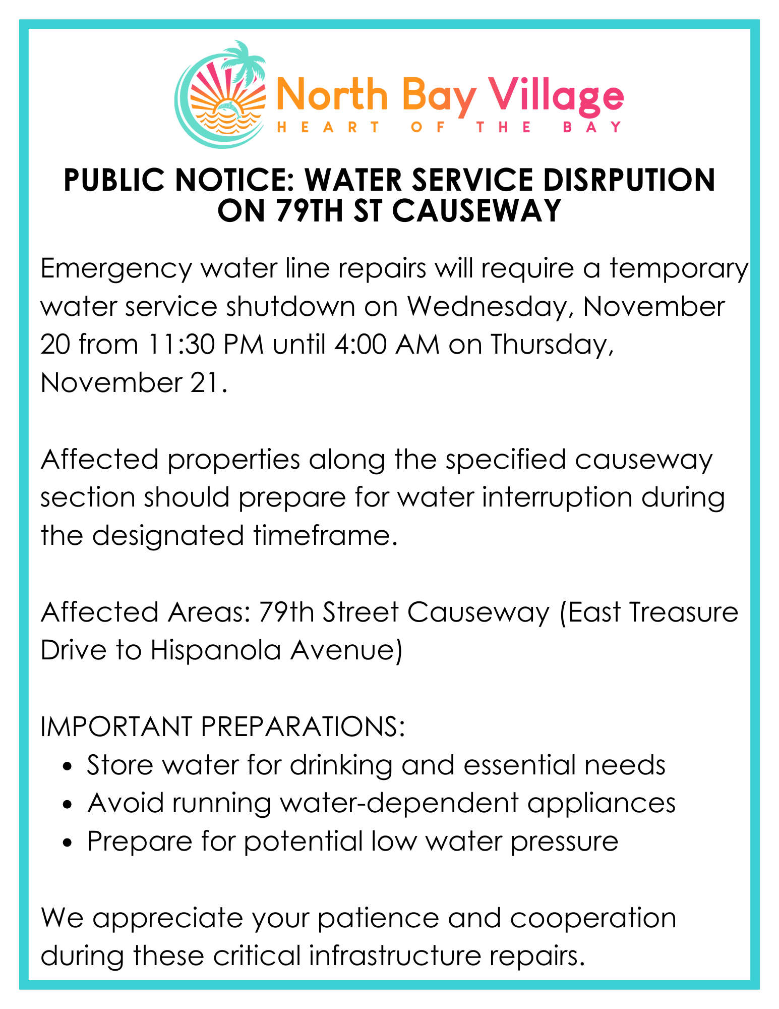 Public Notice: Water Service Disruption on 79th Street Causeway – North ...