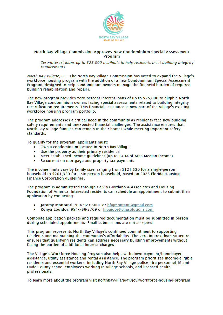 North Bay Village Commission Approves New Condominium Special Assessment Program – North Bay Village