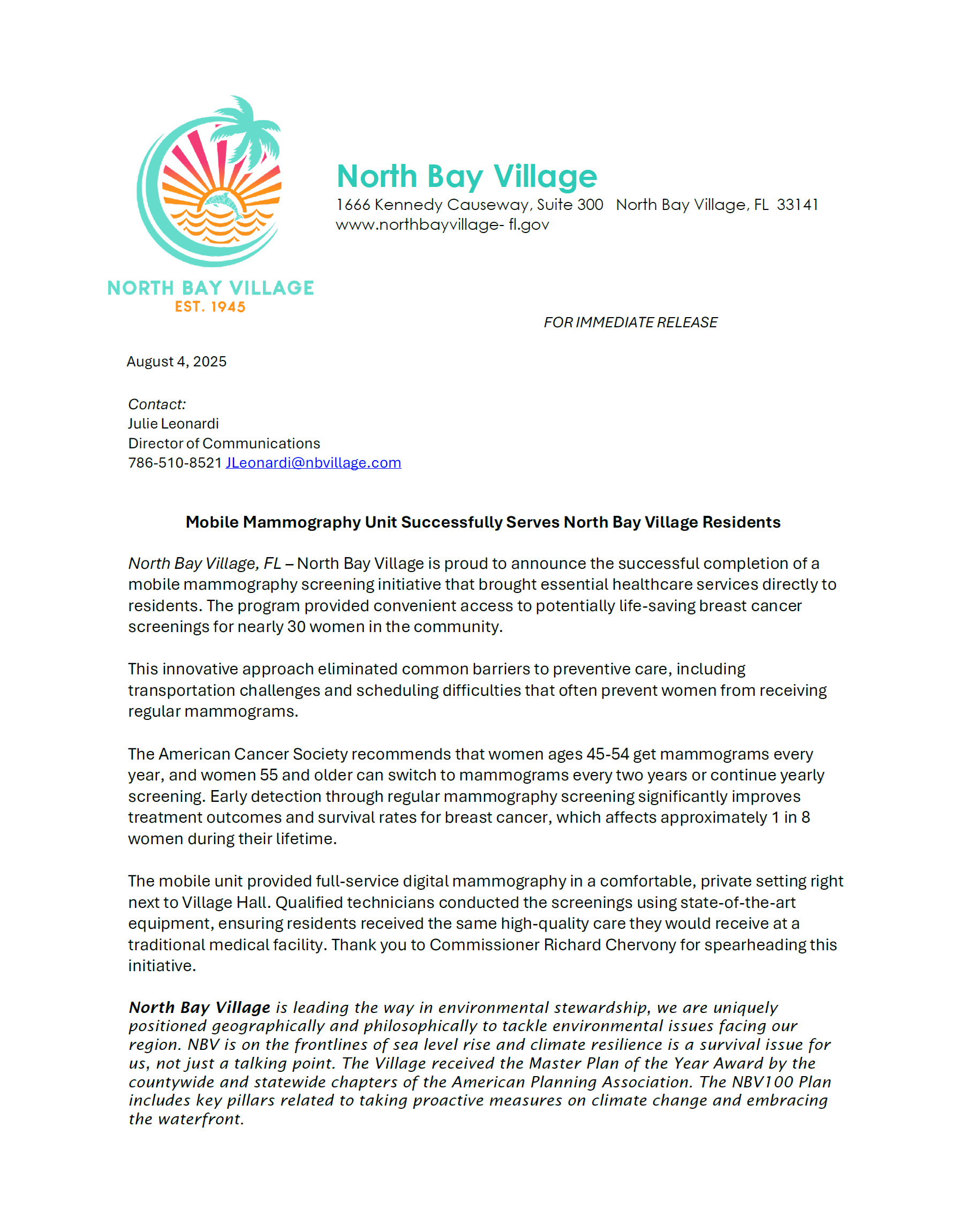 Mobile Mammography Unit Successfully Serves North Bay Village Residents – North Bay Village